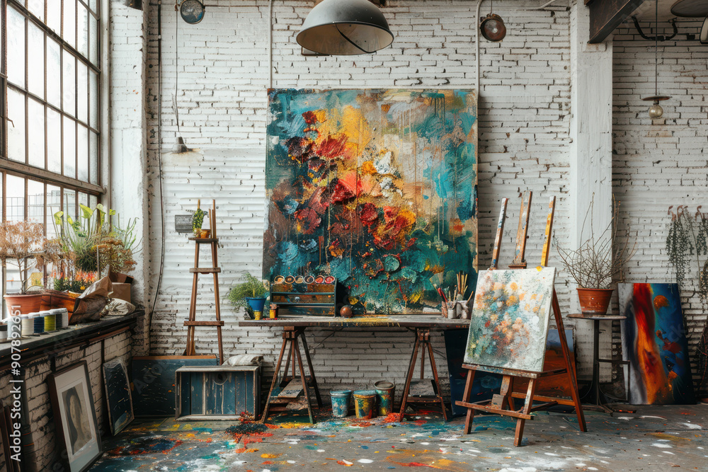 Cozy artist studio with vibrant paintings and plants. Rustic decor with ...
