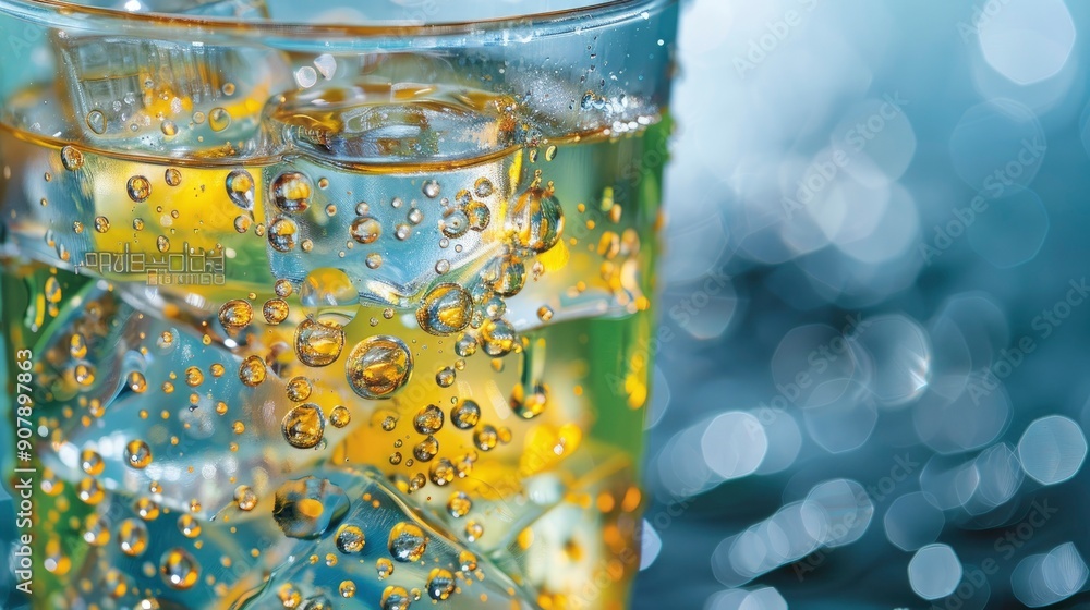 A close-up of a cold drink with ice cubes, the condensation dripping ...