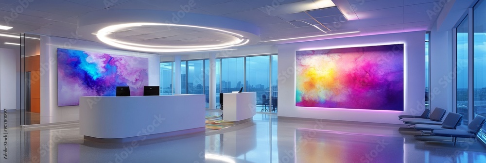 Modern office lobby with abstract wall art, bright lighting, and large ...