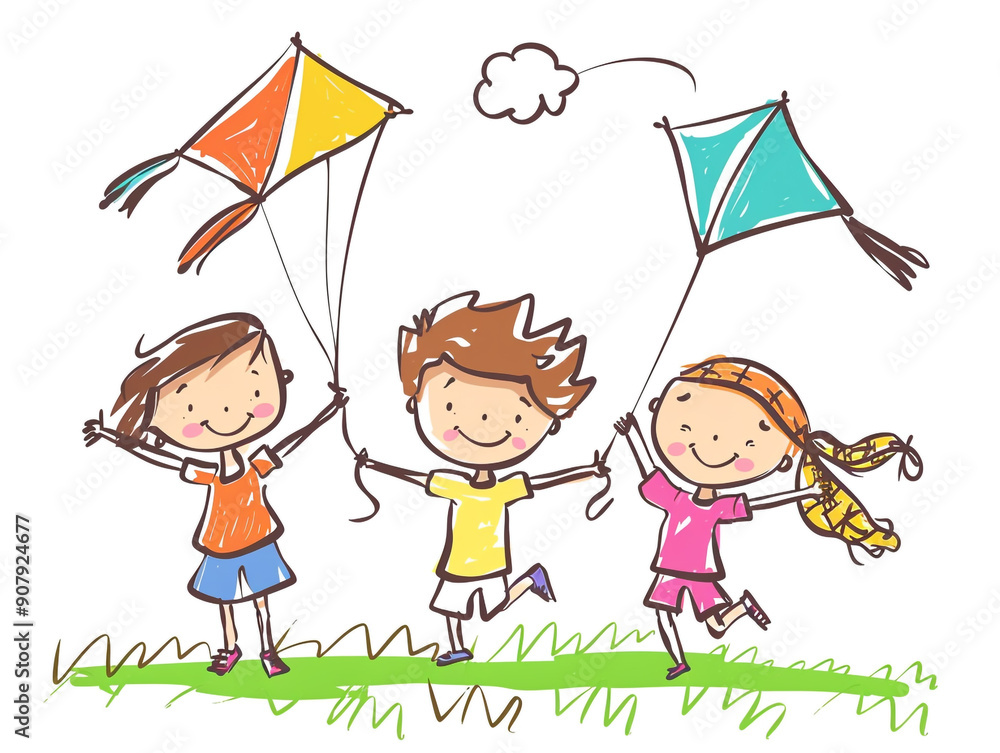 Hand drawn kids playing kites in the playground. Stick figure ...