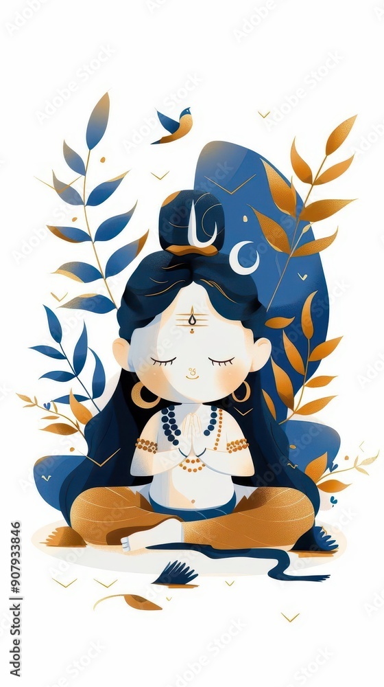 Digital illustration of cute Lord Shiva, simple design with bright ...