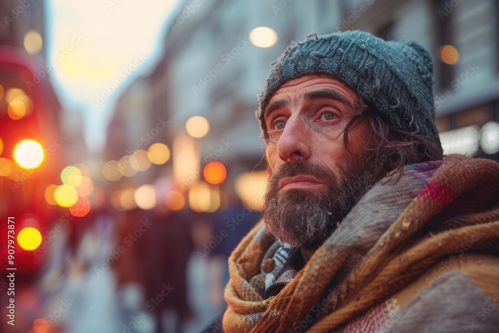 Homeless man with a rugged appearance, huddled in a blanket on a busy ...