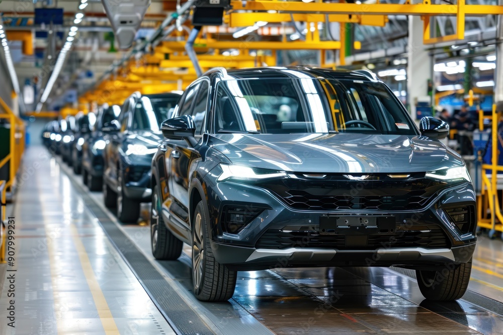 SUVs on an assembly line in an automotive factory. Car manufacturing ...