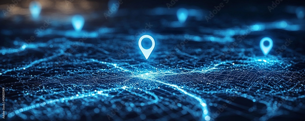 Digital map with glowing location pins representing GPS and navigation technology Stock Photo ...