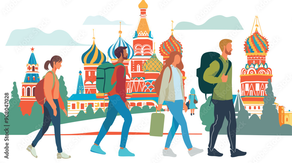 Travelers exploring colorful historic landmarks, sightseeing tour ...