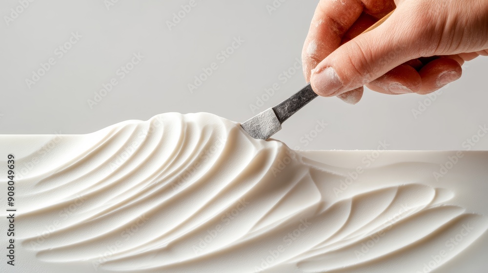 Detailed view of a sculptor's chisel carving delicate patterns in ...