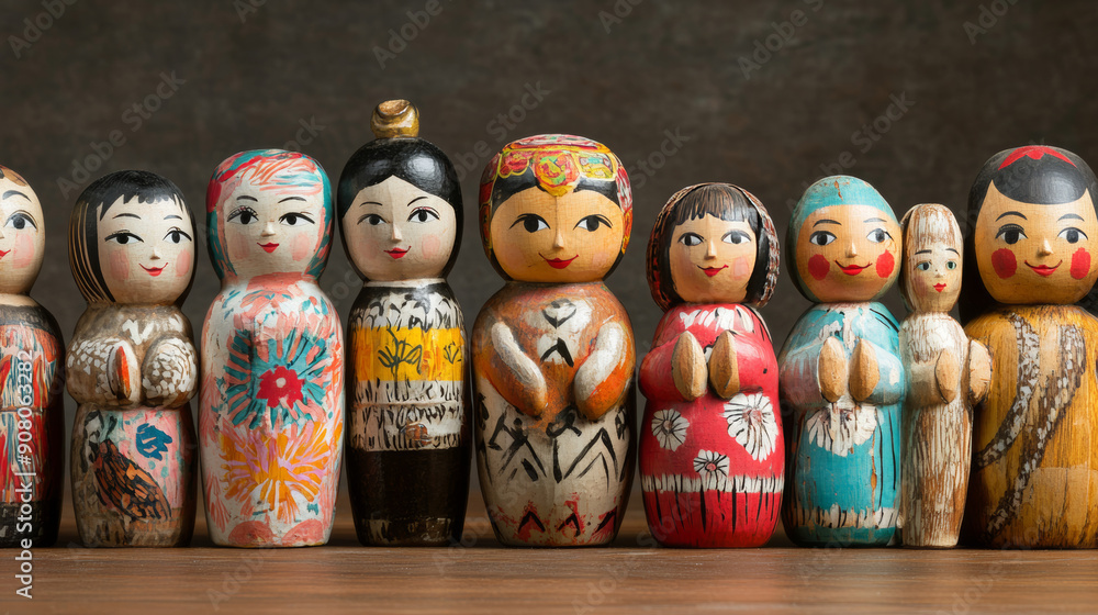 Highlight dolls from various cultures, like Japanese kokeshi, Russian ...
