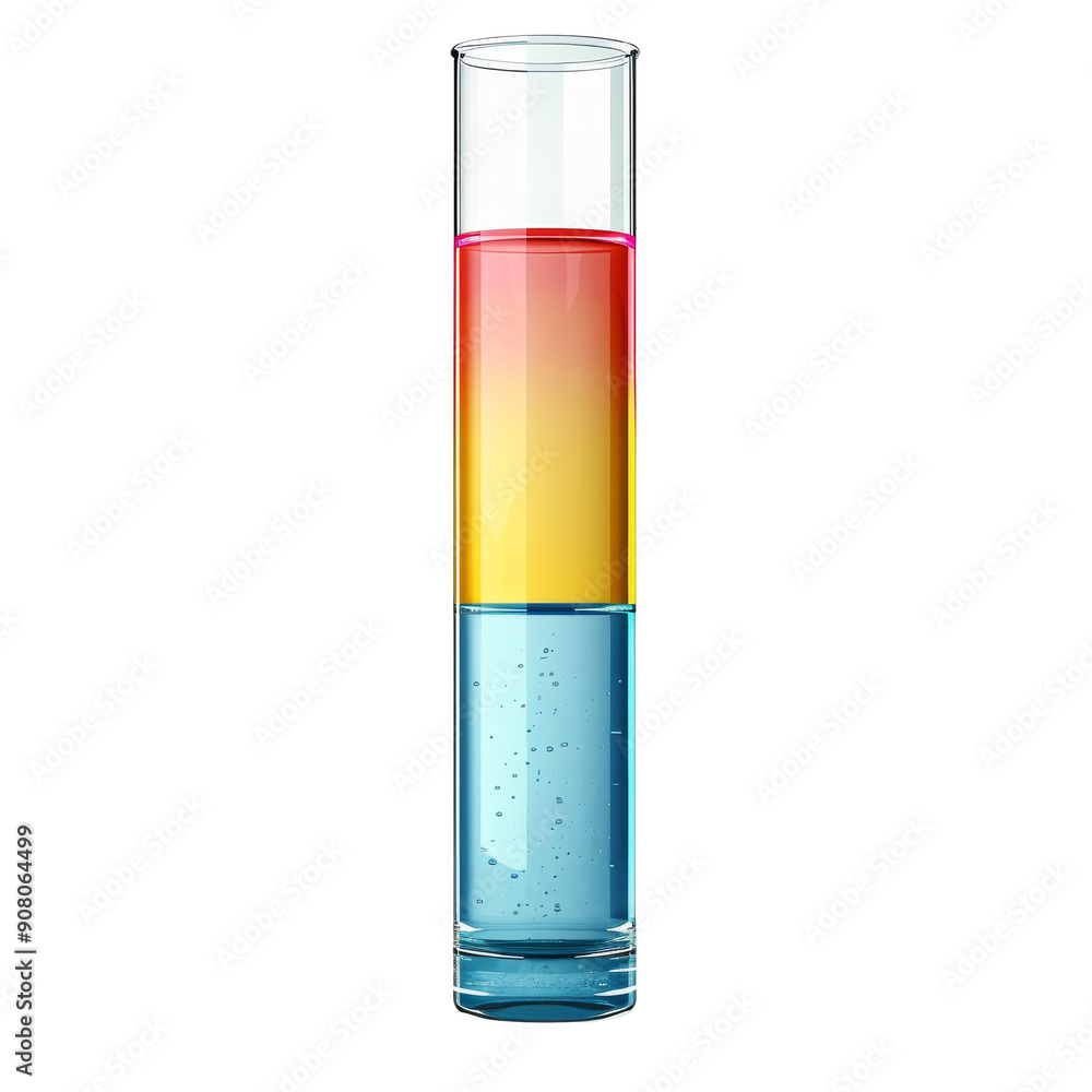 A clear glass tube filled with three layers of liquid: red, yellow, and ...