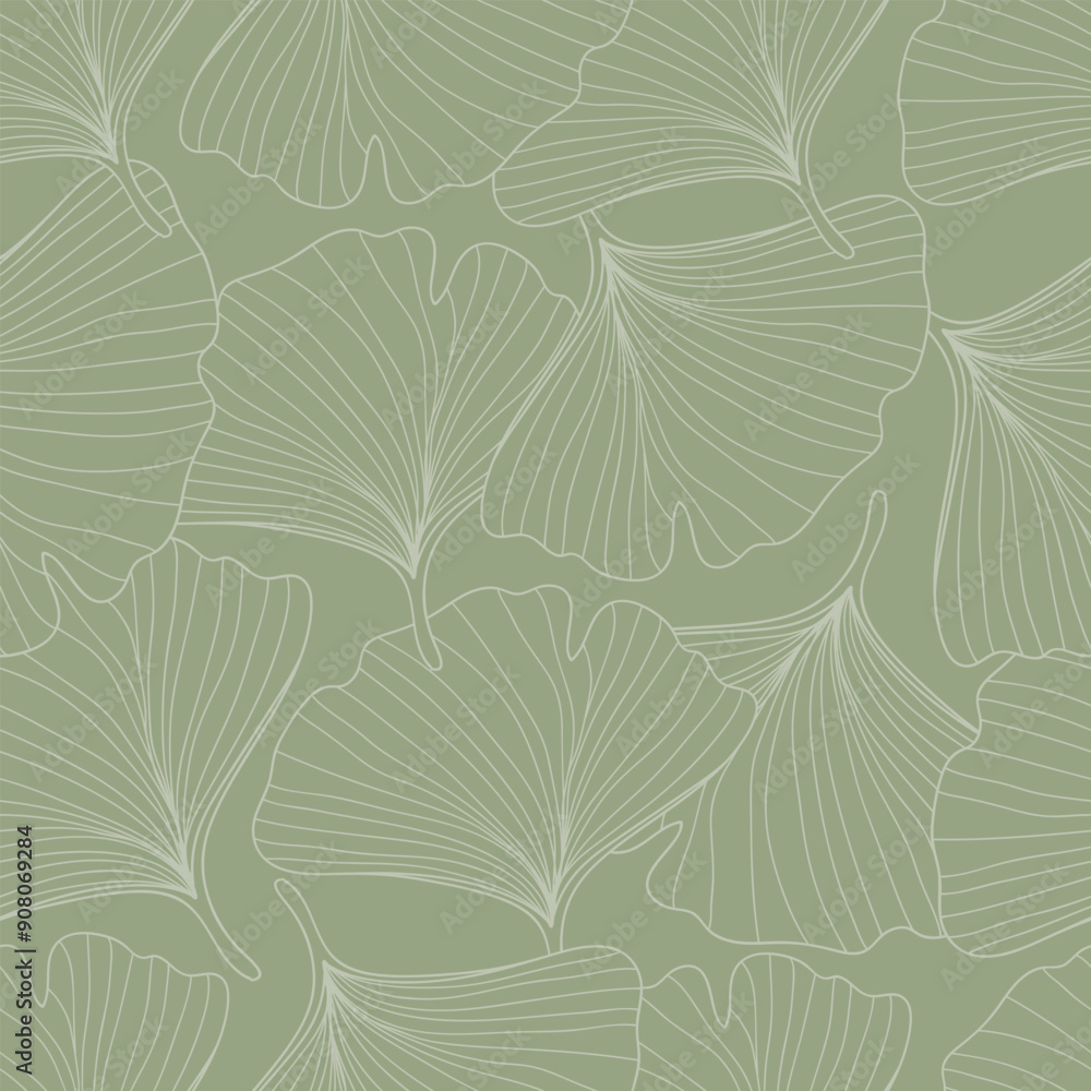 Seamless pattern hand- drawn gingko leaf on green background Stock ...