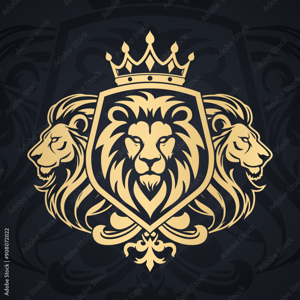 elegant lion heraldry coat of arms royal logo with shield and crown ...