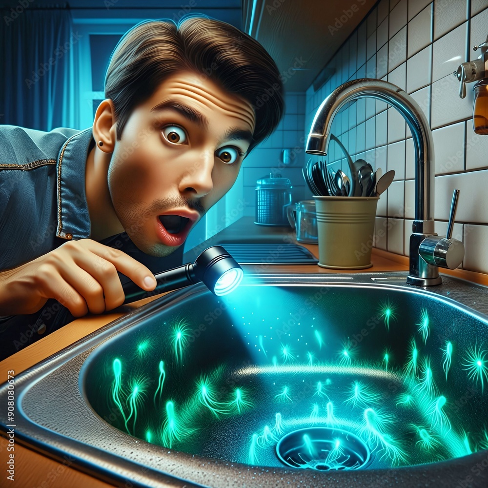 Germs and microbes in a kitchen sink, made visible using a special UV ...