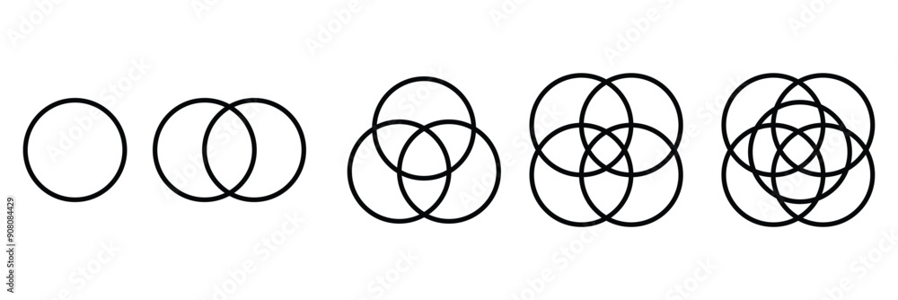 overlapping circles vector drawing, version with three to seven objects, also interlocked rounds ...
