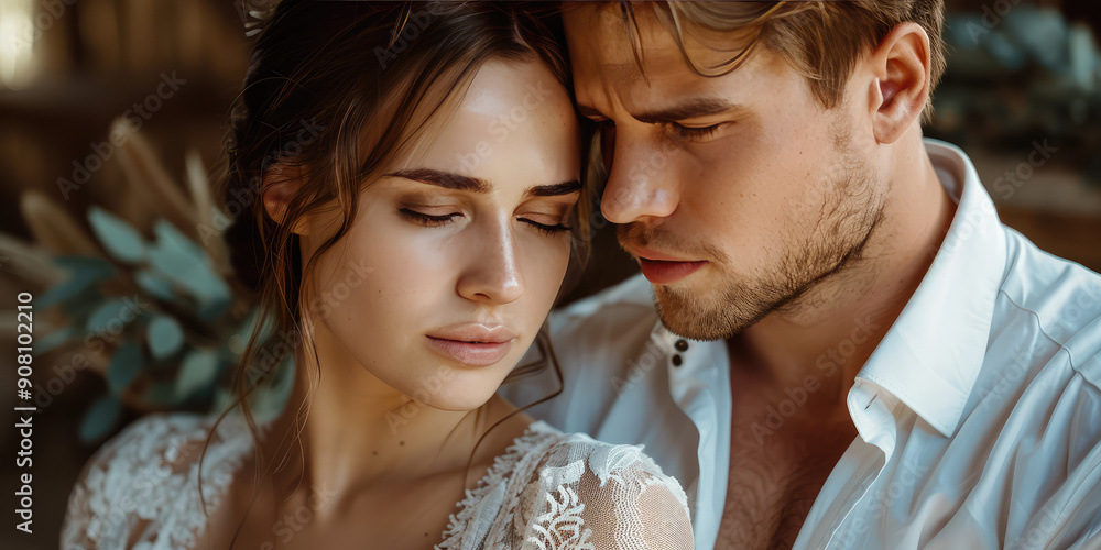 Sad man and woman in wedding clothes. Unsuccessful marriage, problems ...