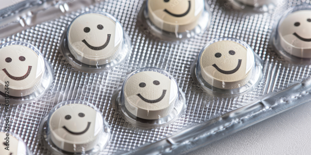 Tablets with smiles smiley faces in a blister pack on a simple ...