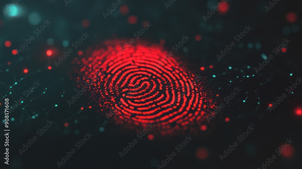 Red Digital Fingerprint on Dark Background - Close-up of a glowing red ...