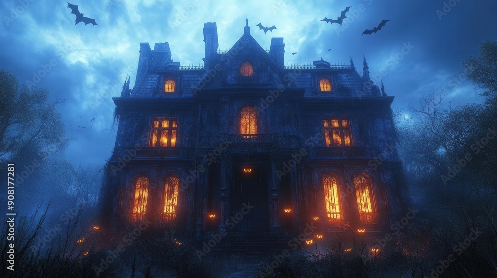 4K Realistic Animation A haunted mansion with glowing windows and bats ...