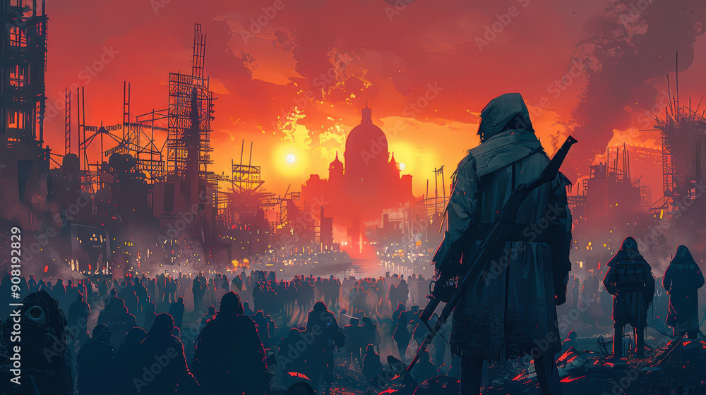 Young man with gun facing apocalyptic city crowd at sunset, digital art ...