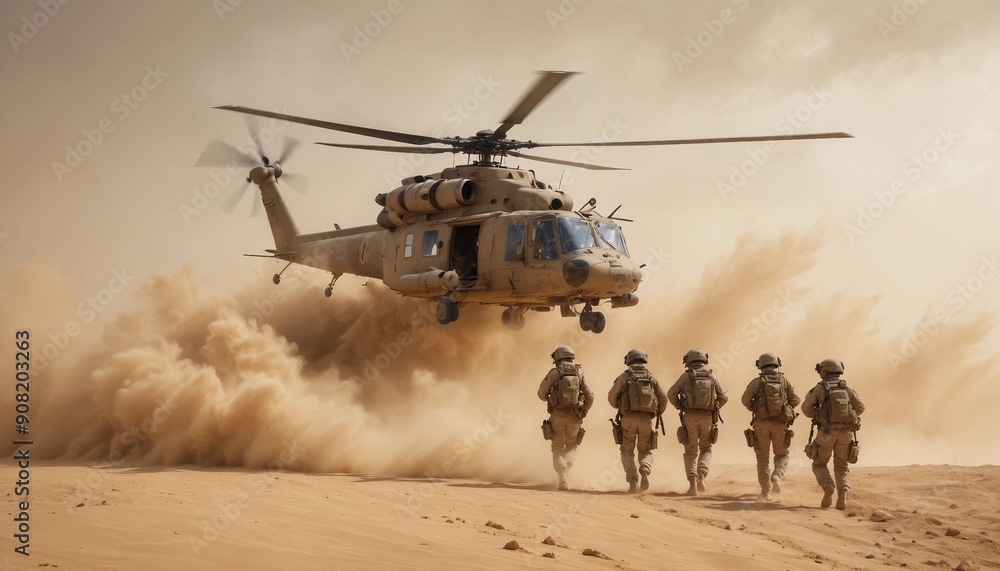 a group of soldiers on a desert hill and a military helicopter ...