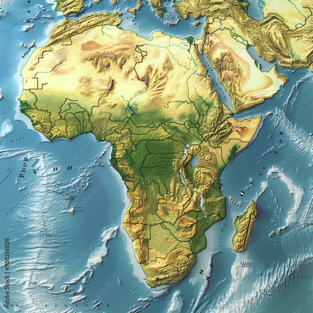 A Detailed Topographical Map of Africa, Illustrating the Continent's Diverse Landscapes and ...