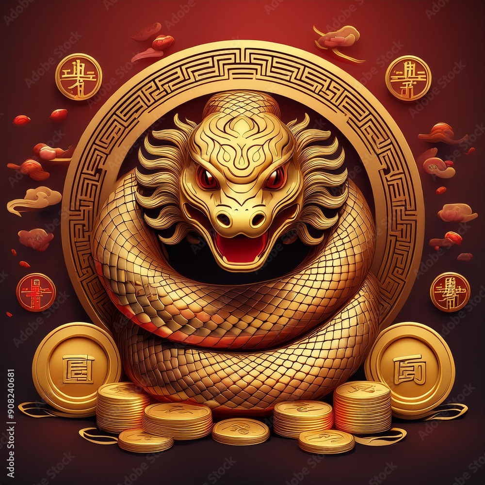 Snake Chinese Zodiac Sign, Symbol of Chinese new year 2025 with golden ...