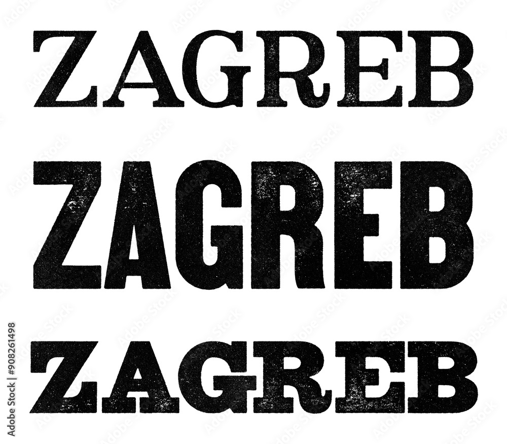 Zagreb city name written in distressed vintage serif, sans serif and ...
