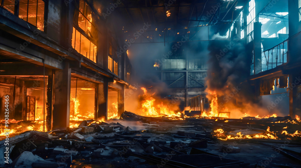 Big fire flame burning in industrial factory building interior ...