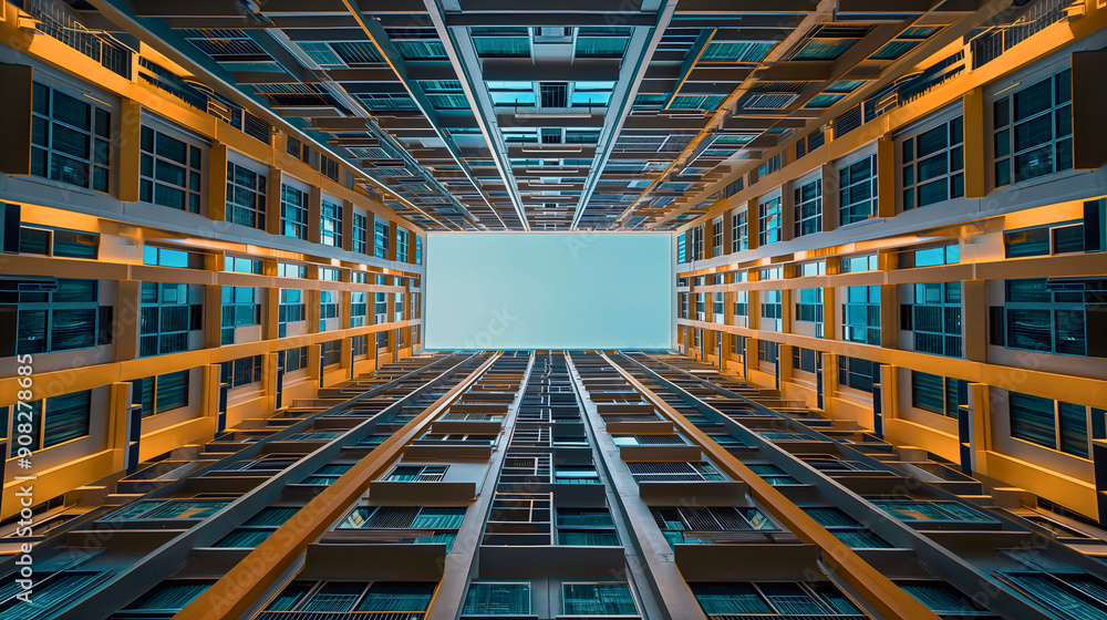 Low angle ground perspective shot of tall buildings with multistory ...