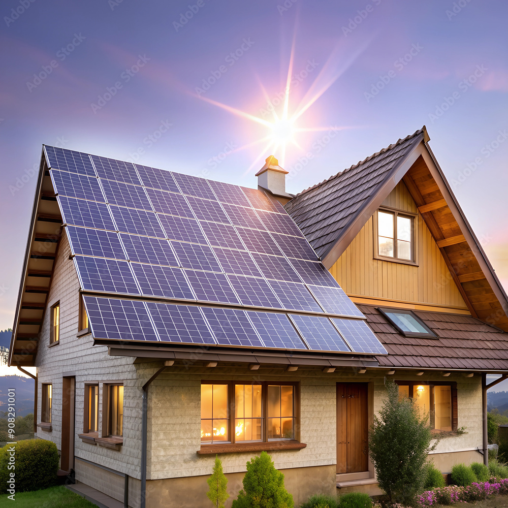 a modern house with a solar panel roof, sunshine streaming in through a ...