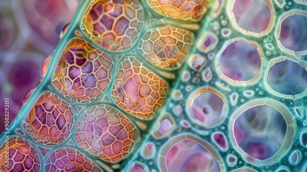 Illustrate a detailed microscopic view of cell walls in plant cells ...