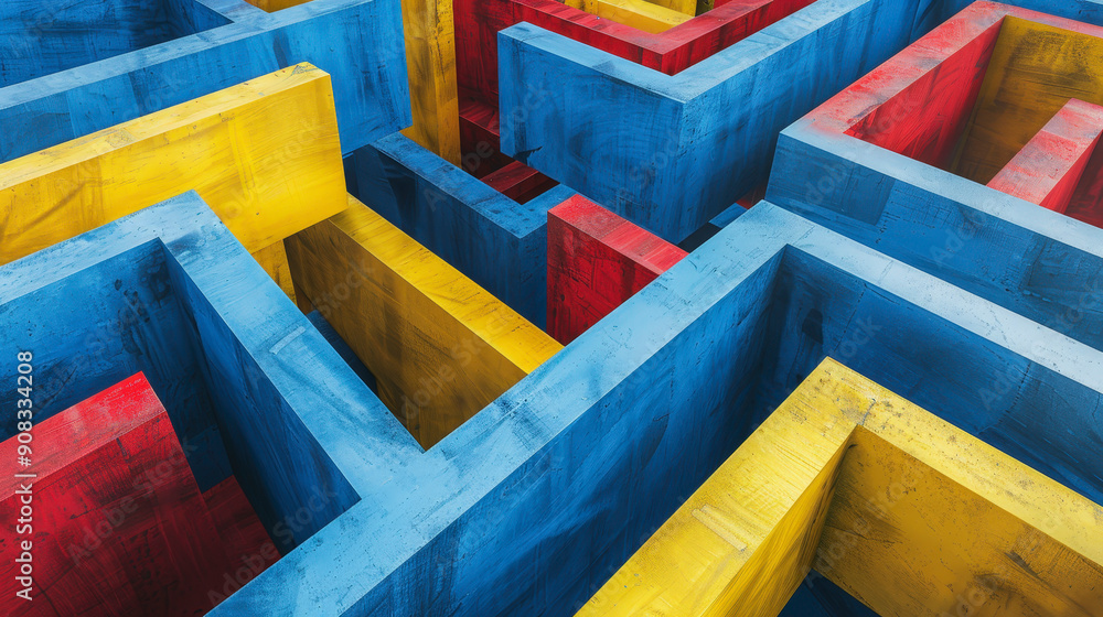 A vibrant, colorful maze constructed from blue, red, and yellow blocks ...
