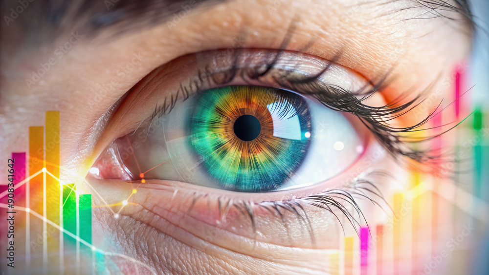 Macro shot of a human eye staring at a colorful chart with various ...