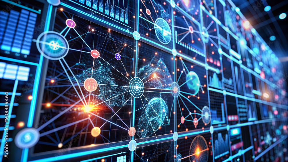 A futuristic dashboard displays a complex network of interconnected ...