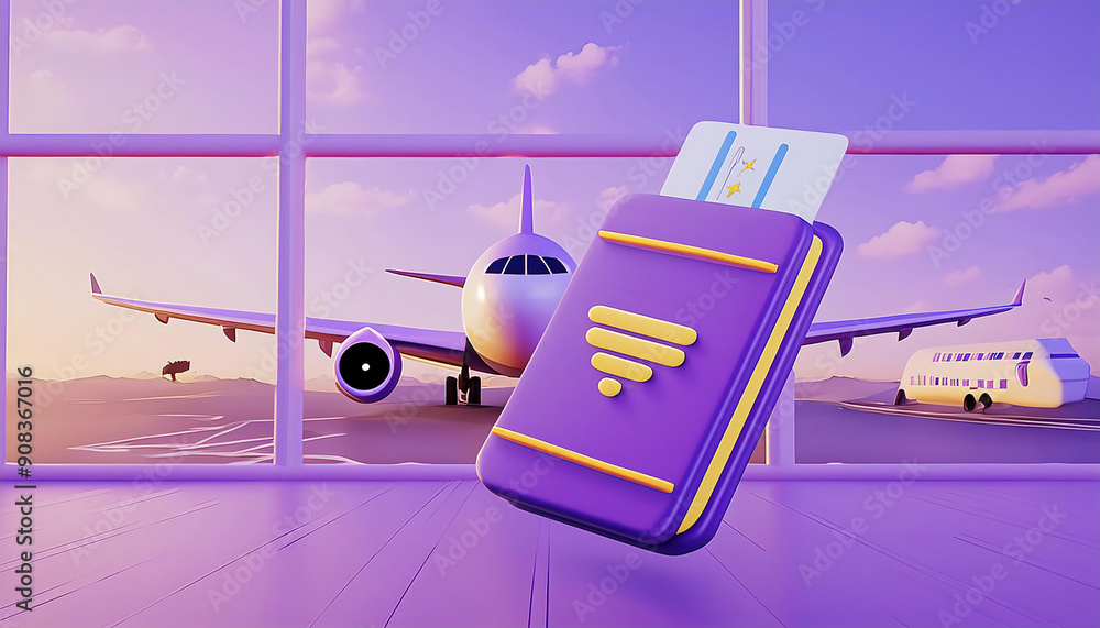 passport and boarding pass and plane at the airport terminal in front ...