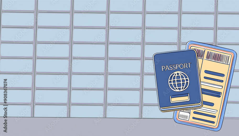 passport and boarding pass and plane at the airport terminal in front ...