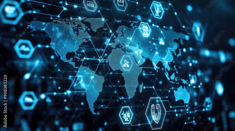 A conceptual image of a network of interconnected hexagons filled with ...