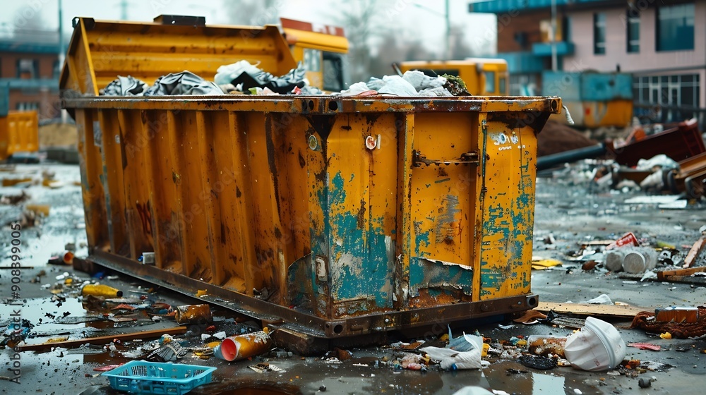 A waste container overflowed A steel industrial with rubbish on the ...