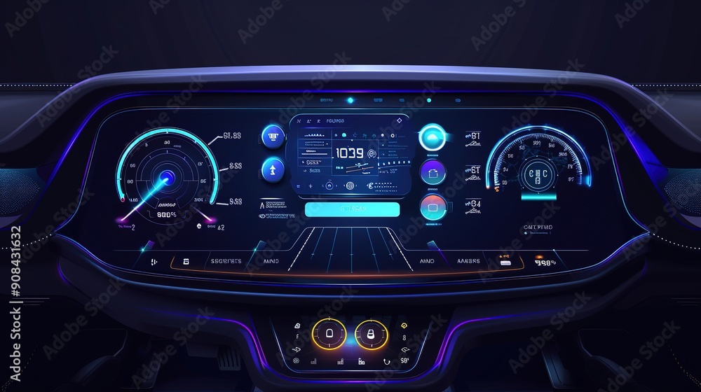 Car interface with navigation panel in three projections in the style Smart car control settings ...