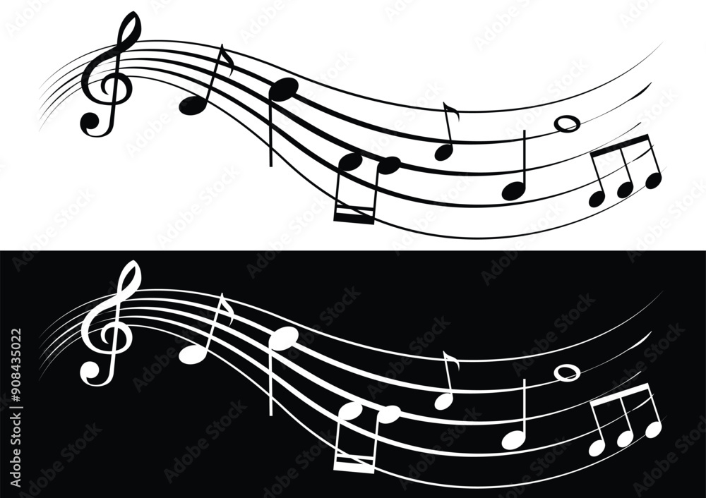 Musical note wave. Music notes melody or tune line or flat vector ...