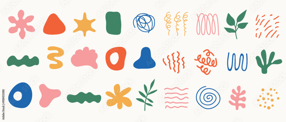Set of various abstract shapes, doodles and plants. Hand drawn doodles ...