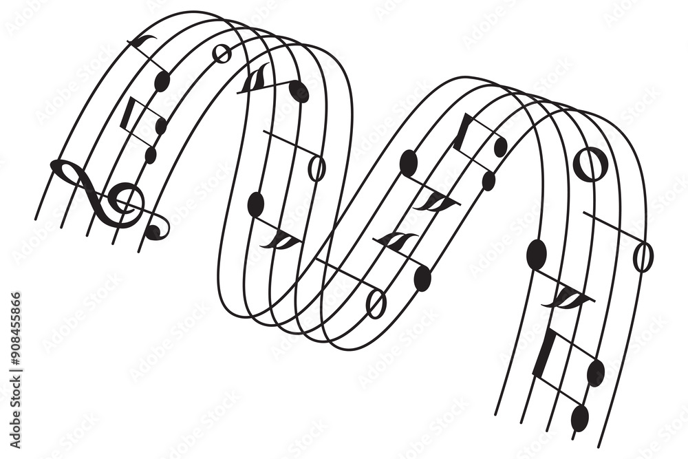 Musical note wave. Music notes melody or tune line or flat vector ...