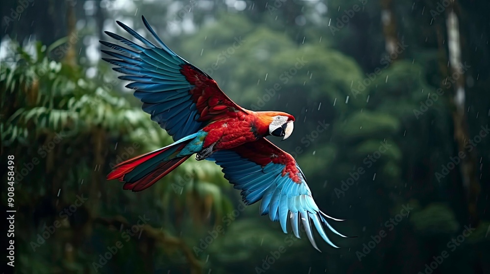 Red blue macaw parrot flying in dark green vegetation with beautiful ...