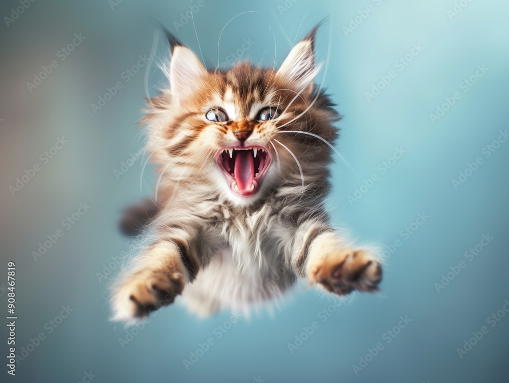 Cute kitten playfully pouncing forward, showing an excited expression ...