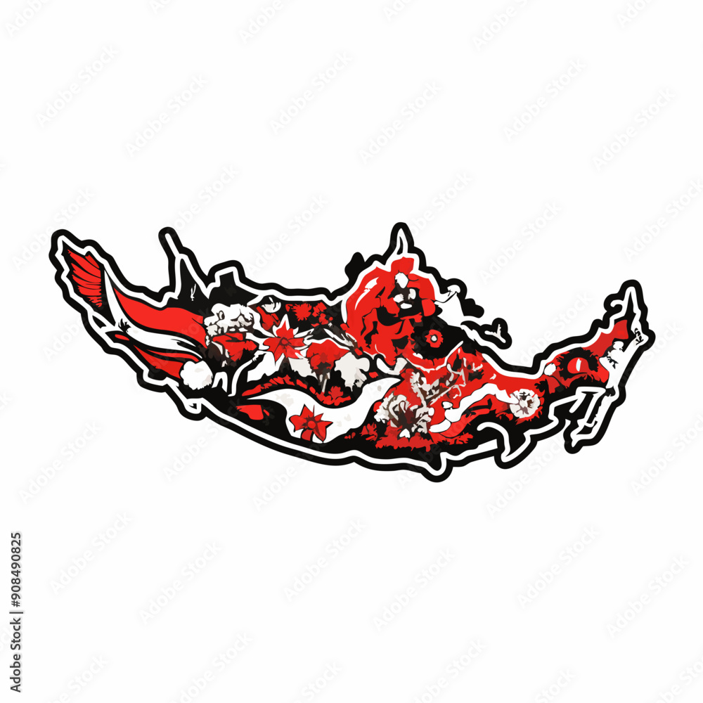 Poster design featuring a map of Indonesia. The map is made of red and ...
