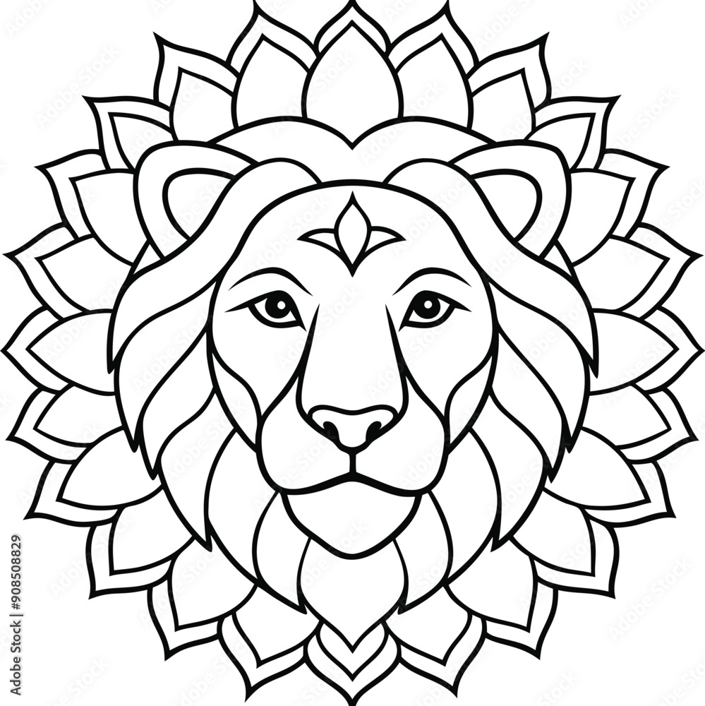 Lion head coloring page kids friendly simple line art cute panthera leo face with geometric ...