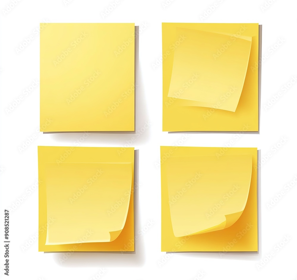 Four Yellow Sticky Notes Isolated on White Background, Vector ...