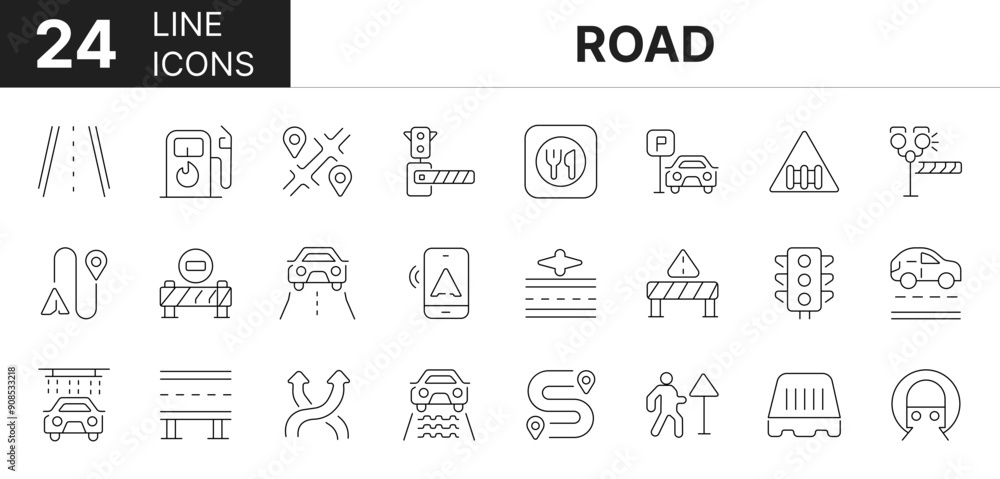 Collection of 24 road line icons featuring editable strokes. These ...