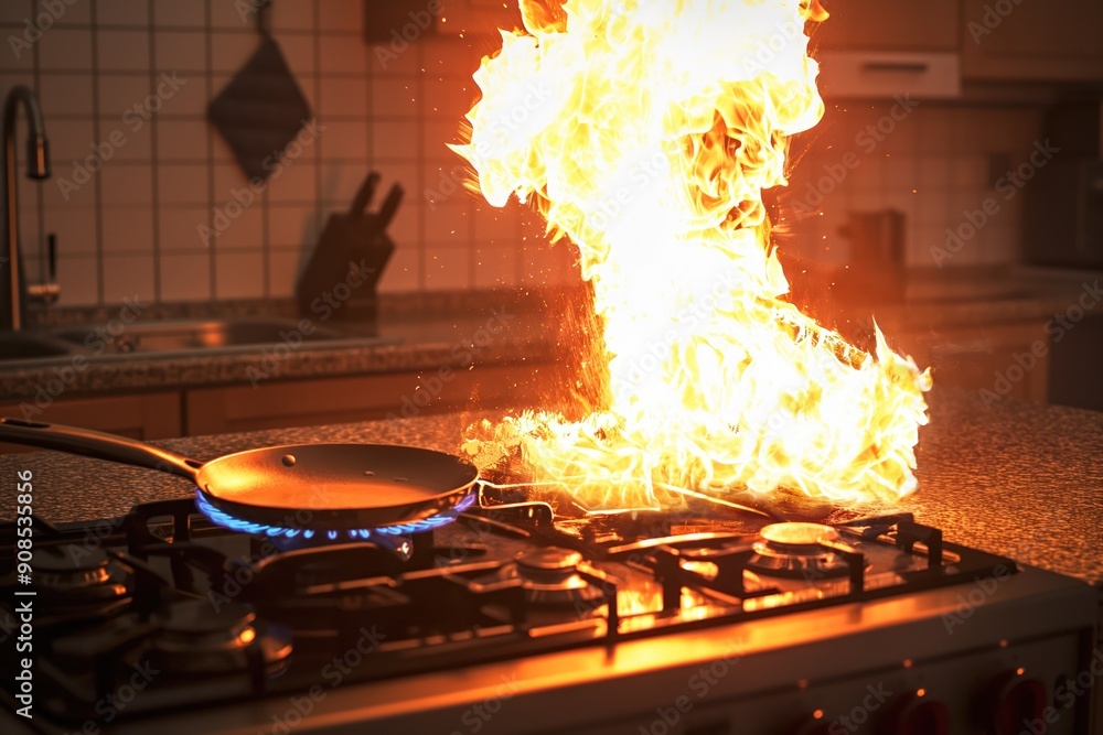 Kitchen scene depicts gas stove ablaze with flames reaching ceiling ...