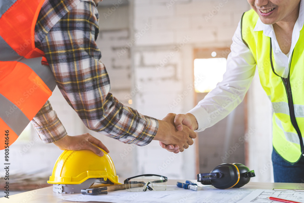 Engineer team building, teamwork contractor asian young man partnership ...