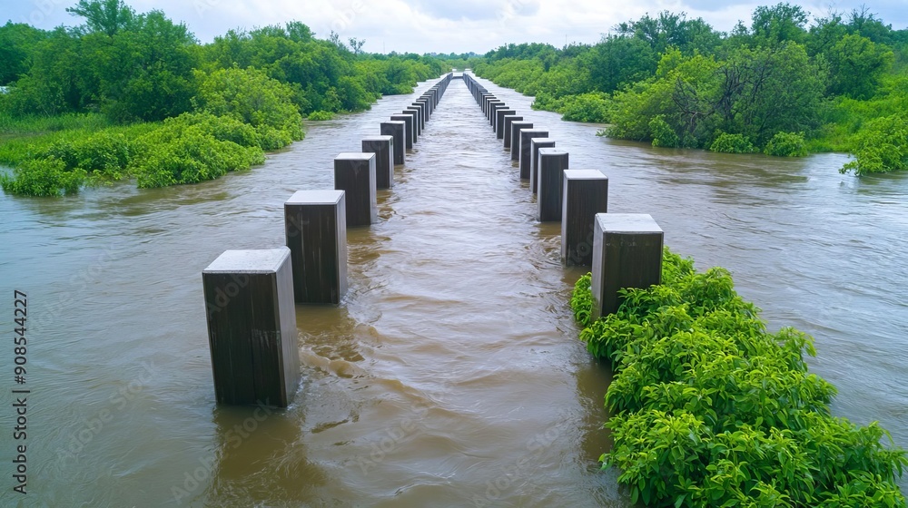 Overflowing riverbanks with modern flood barriers and green vegetation ...