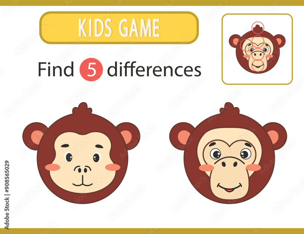 Game for children. Find differences. Chimpanzee face. Vector ...